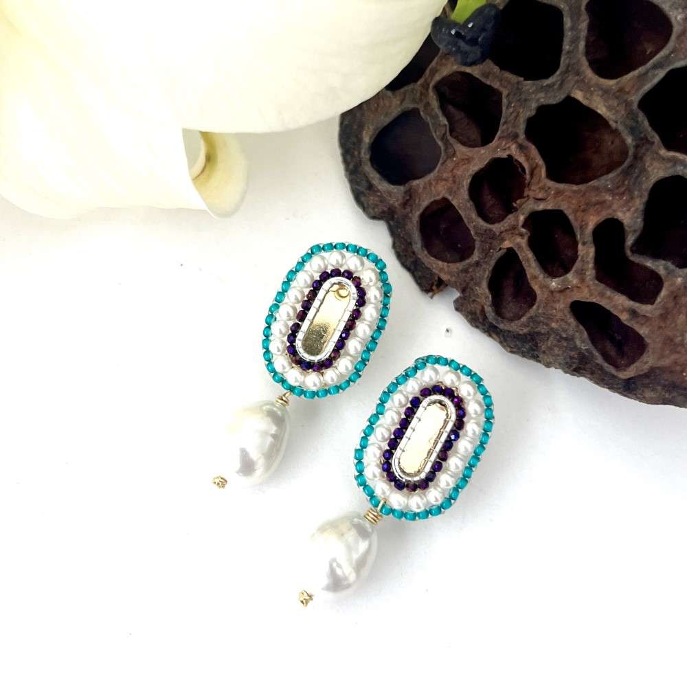 Aretes rombo turquesa con perla - Albor Arte Mx