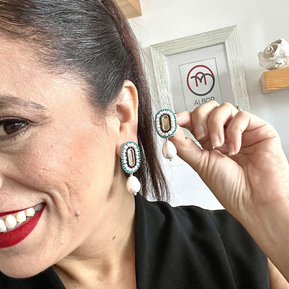 Aretes rombo turquesa con perla - Albor Arte Mx